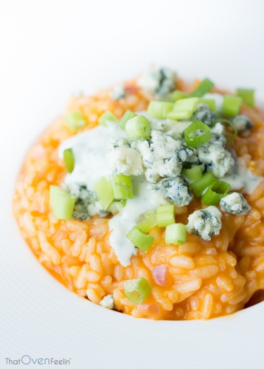 Wingless Buffalo Risotto With A Blue Cheese Sauce - That Oven Feelin