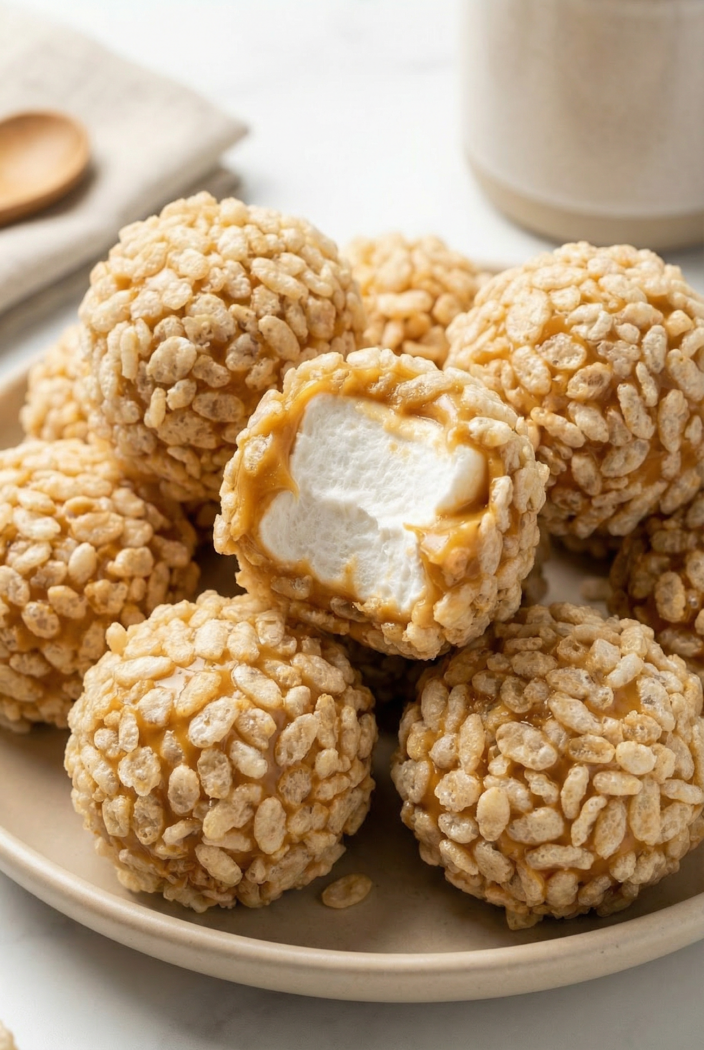 Caramel Marshmallow Rice Krispie Balls - That Oven Feelin