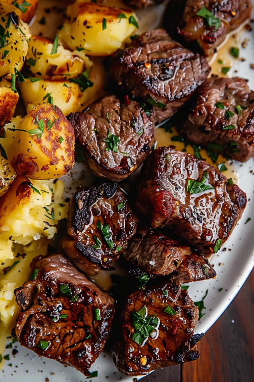 Garlic Butter Steak Bites and Cheesy Smashed Potatoes - That Oven Feelin