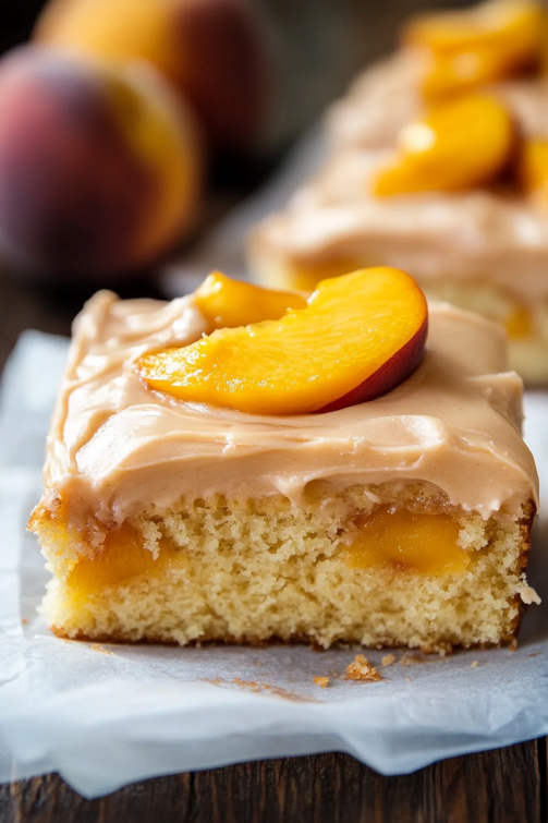Peach Cake With Brown Sugar Frosting - That Oven Feelin