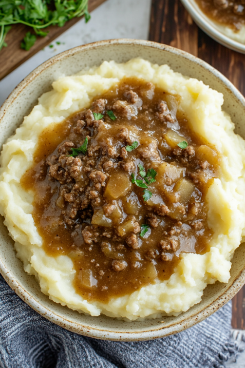 Ground Beef and Gravy Over Mashed Potatoes - That Oven Feelin