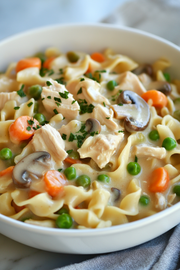 Creamy Chicken Pot Pie Noodles - That Oven Feelin