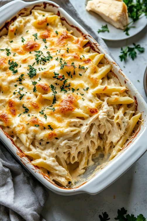Dump and Bake Chicken Alfredo Casserole - That Oven Feelin