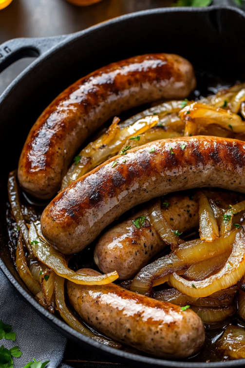 Oven Braised Beer Brats with Caramelized Onions - That Oven Feelin