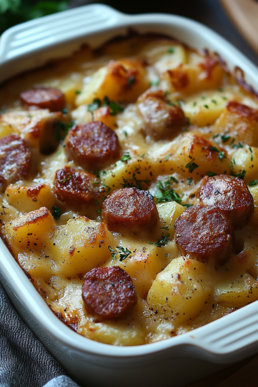 Kielbasa Sausage Cheesy Potato Casserole - That Oven Feelin