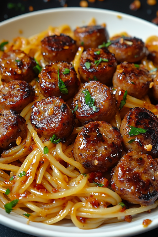 Sticky Honey Garlic Sausage Pasta Skillet - That Oven Feelin